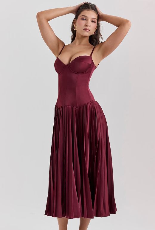 Hire House Of Cb Beau Wine Satin Pleated Midi Dress In Red Wine